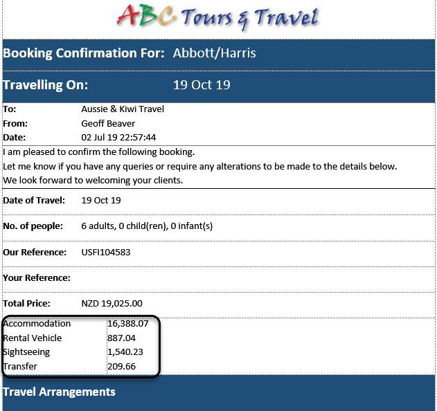 Service Summary and Pax Breaks Section
